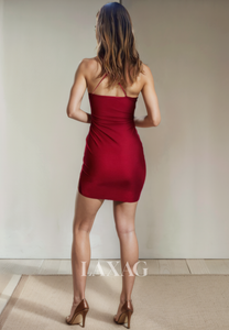 Spaghetti Straps V-Neck Pleated Sleek Satin Fitted Party Homecoming Dr ...