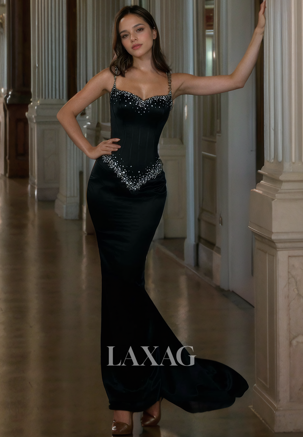 22099 - Spaghetti Straps Beaded Sleek Satin Fitted Mermaid Party Prom ...