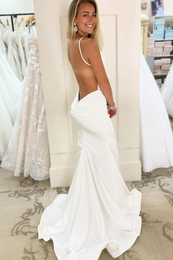 V-Neck Spaghetti Straps Sleeveless Floor-Length Satin Mermaid Wedding ...