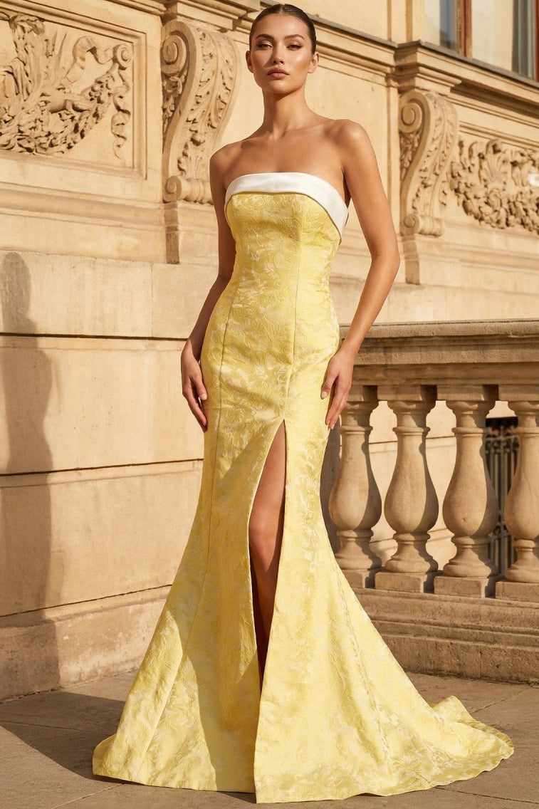 Yellow Strapless Mermaid Satin Long Prom Dresses With Slit – Laxag